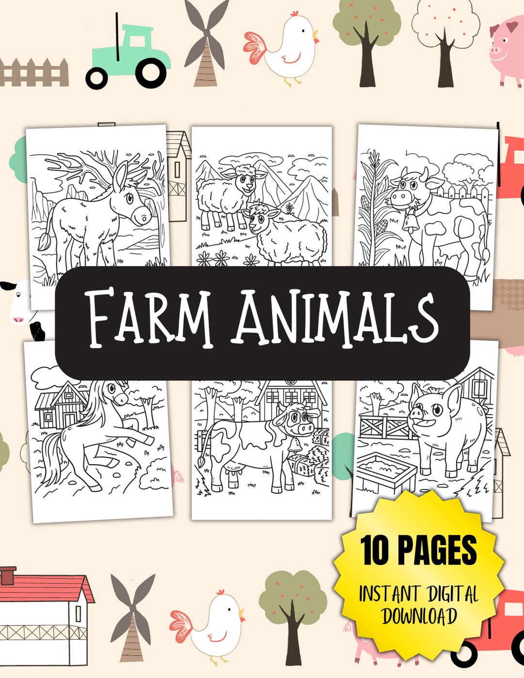 10 Farm Animal Coloring Pages - Kids Coloring Book, Instant Digital ...