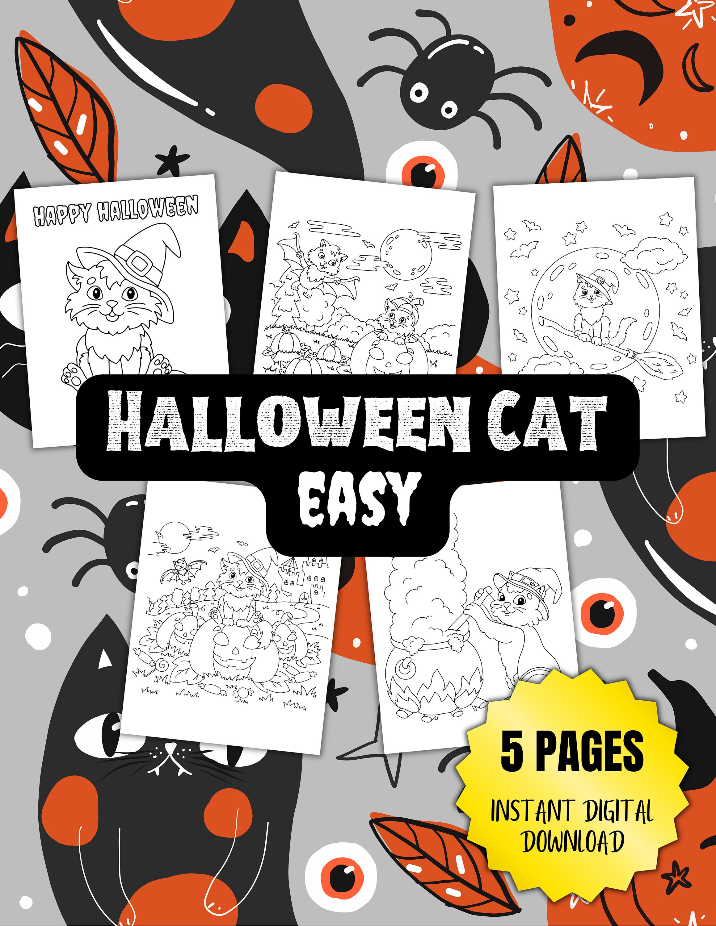5 Halloween Cat easy Coloring Pages Kids Coloring Book, Instant Digital ...