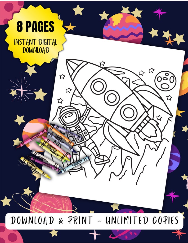 8 Space Rockets Coloring Pages - Kids Coloring Book, Instant Digital ...