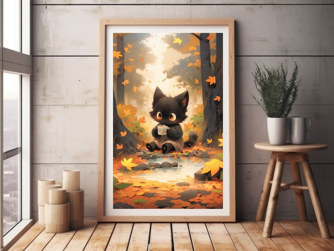 Black Cat Fall Floral Decor, AC Fall Wall Art, Kawaii Room Decor ...