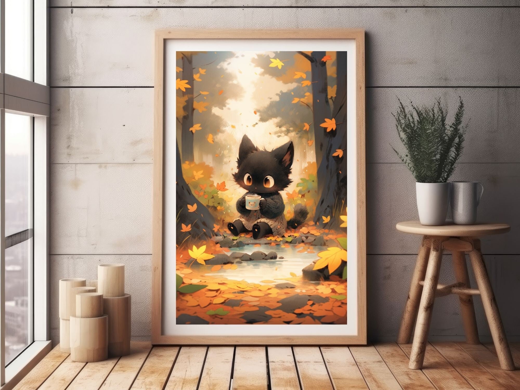 Black Cat Fall Floral Decor, AC Fall Wall Art, Kawaii Room Decor ...