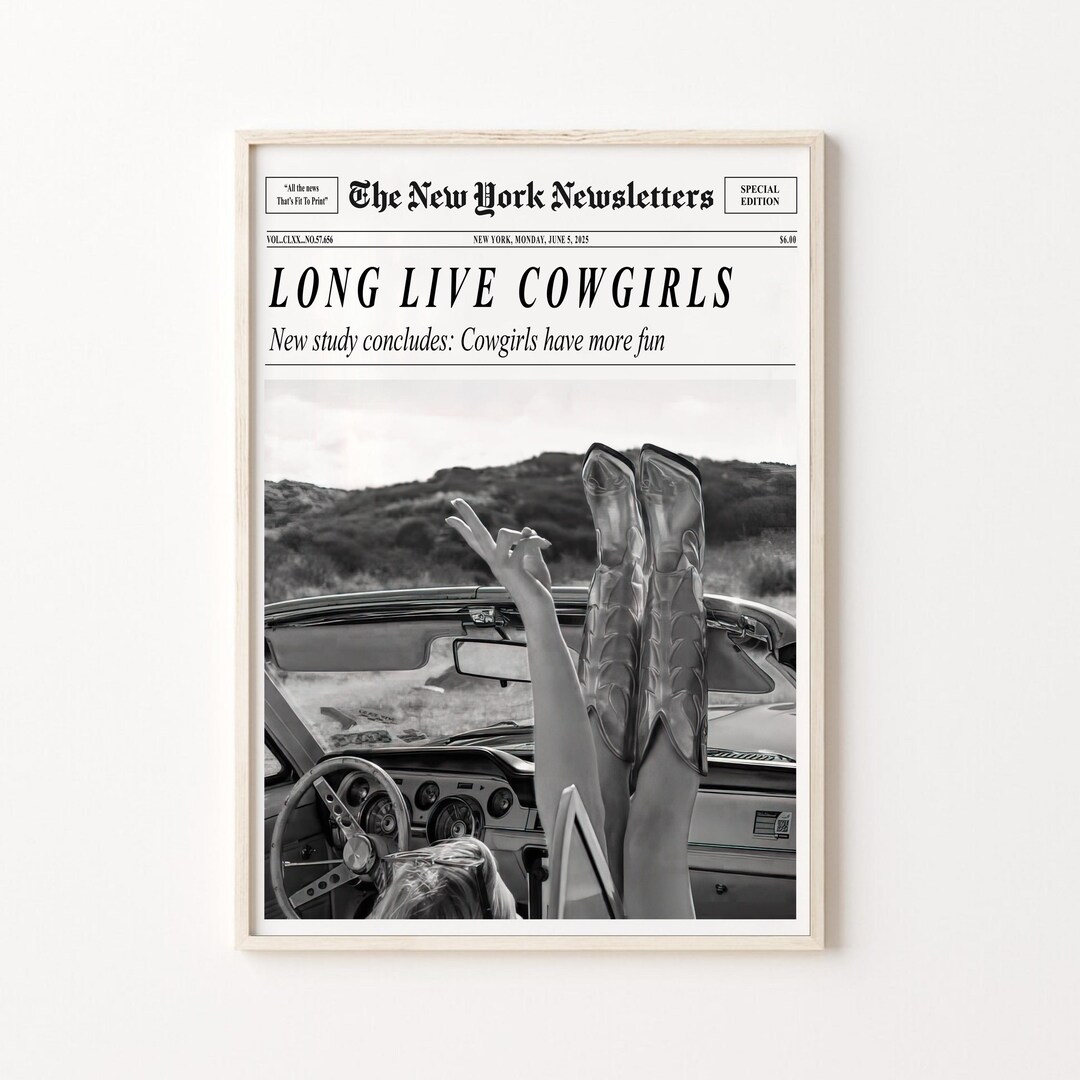 New York Cowgirl Wall Art , Vintage Newspaper Print, Western Headline ...