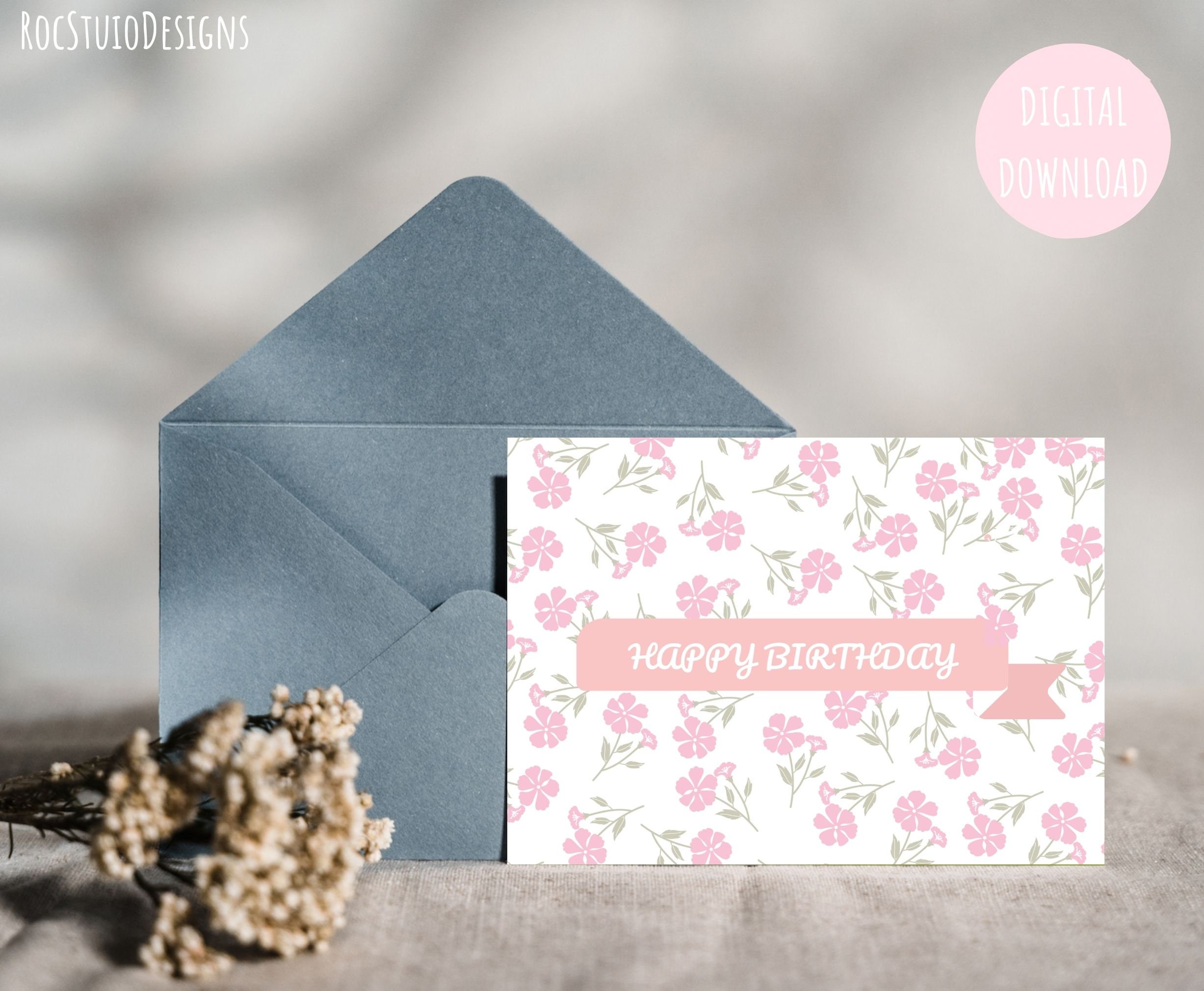 Elegant Printable Birthday Card, Chic Flowers Birthday Card, Digital ...