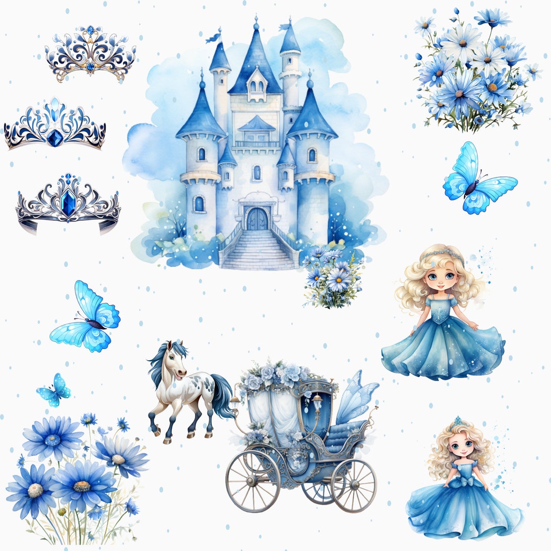 Blue Princess Clipart Watercolor Cute Princess and Knight - Etsy
