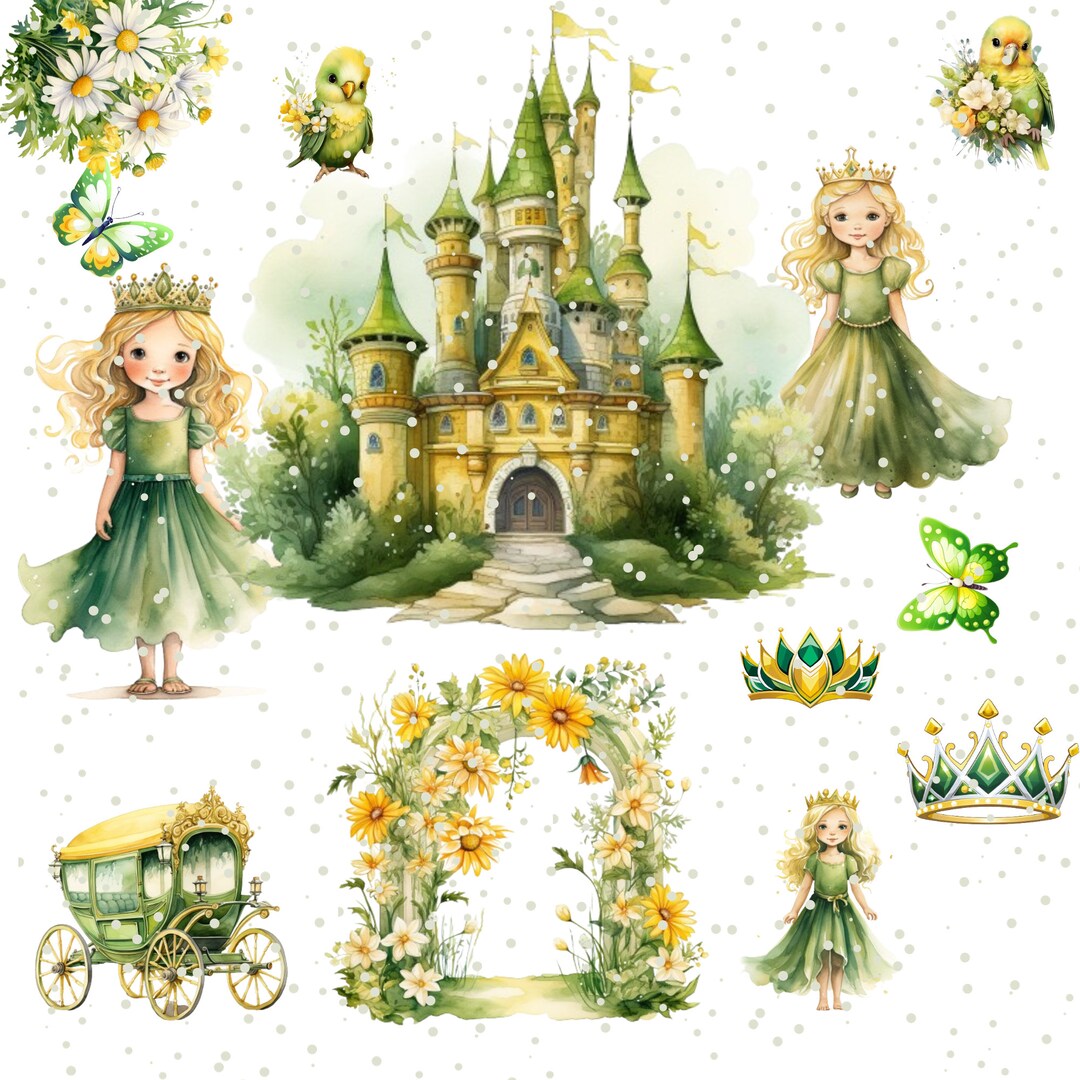 Green Princess Clipart Watercolor Cute Princess and Knight - Etsy