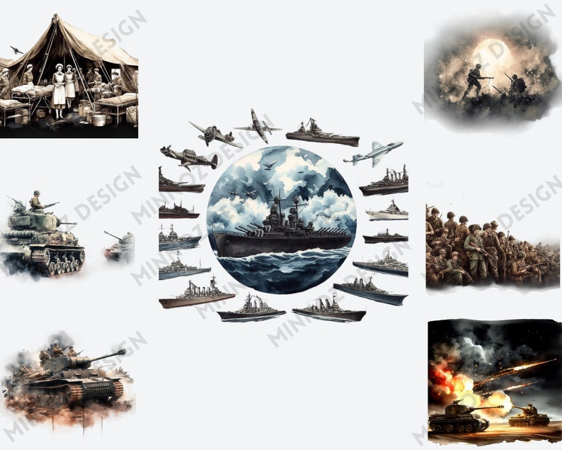 Watercolor World War 2 Epic Scenes Clipart, WW2 PNG, Army Sublimation ...