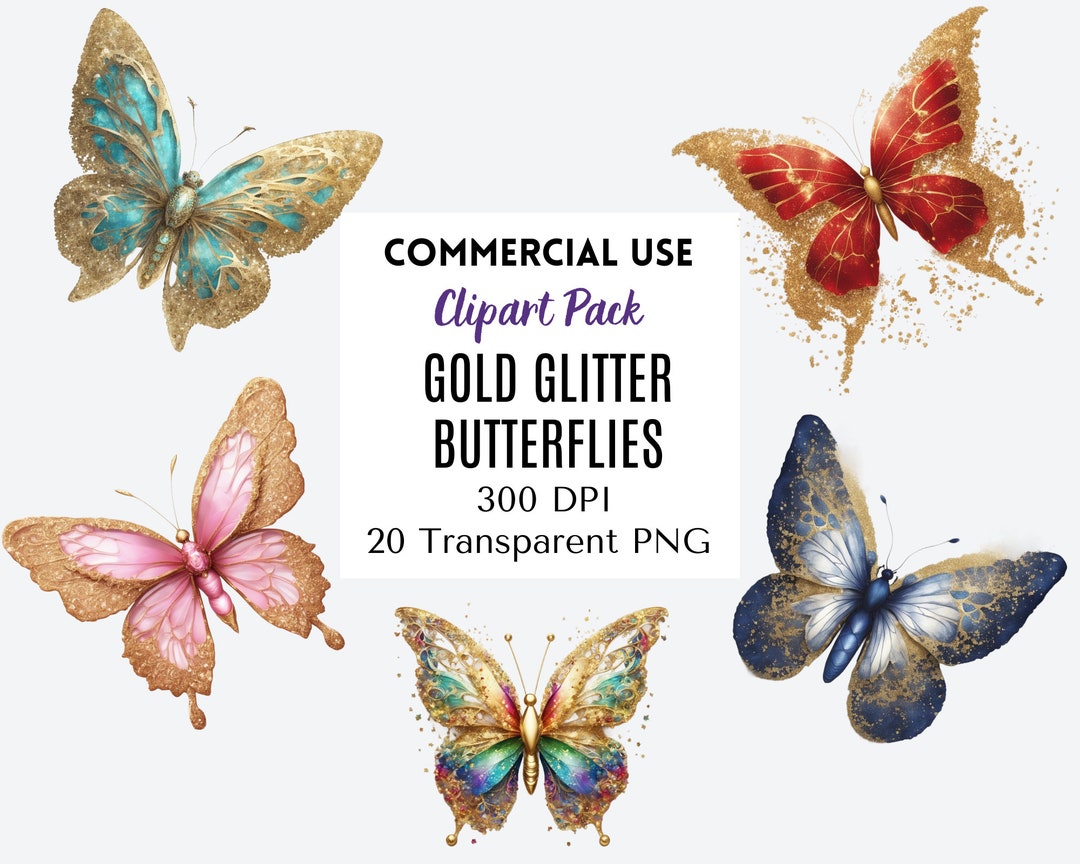 20 Gold Glitter Butterflies PNG Clipart Pack Red Blue - Etsy