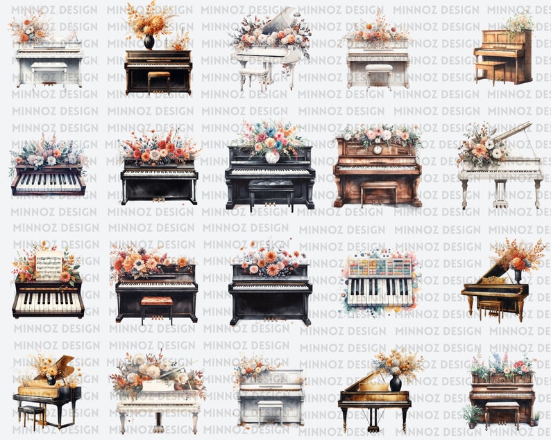Watercolor Pianos With Flowers PNG SVG Clipart White Piano, Black Piano ...