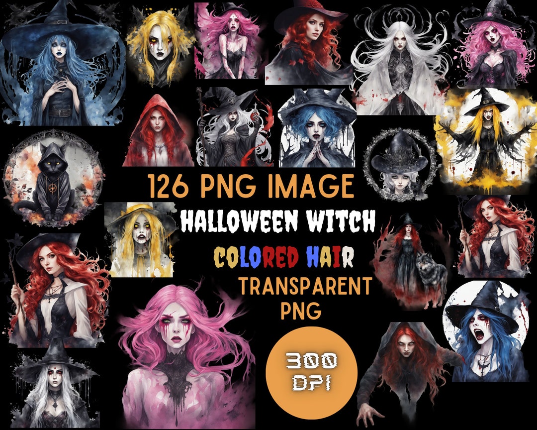 126 Colorful Hair Witches Watercolor Clipart Bundle, Red, Blue, Pink ...