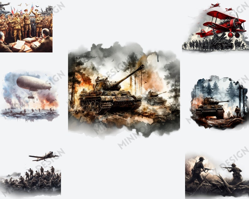 Watercolor World War 2 Epic Scenes Clipart, WW2 PNG, Army Sublimation ...