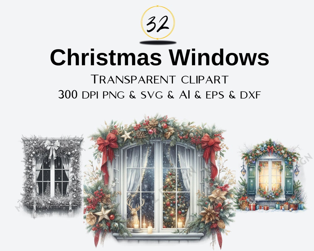 Watercolor & Pencil Drawing Christmas Window Clipart, 30 High Quality ...