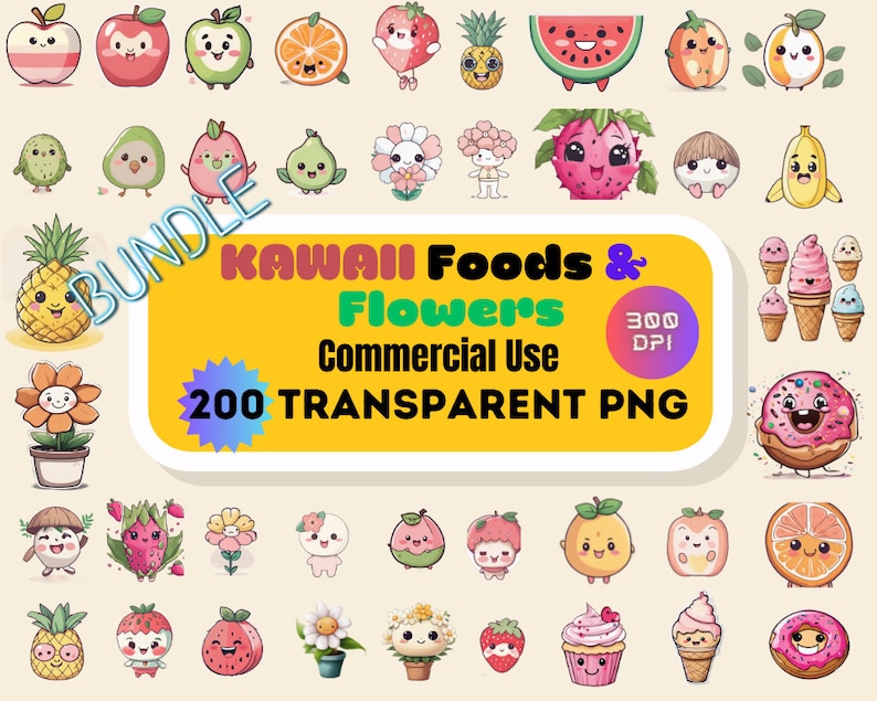 200 Kawaii Clipart Fruits Flowers Foods Bundle 300 DPI Kawaii - Etsy