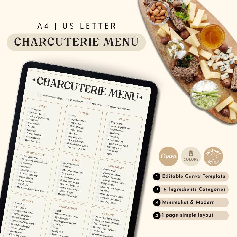 Charcuterie Menu, Grazing Table Order Catering Menu, Cheese Board Menu ...