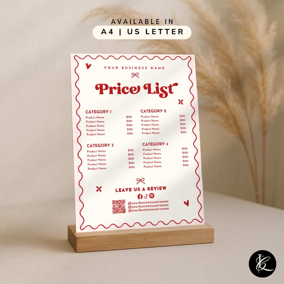 Coquette Price List Display Sign: Retro Pricing Sheet (canva Editable ...