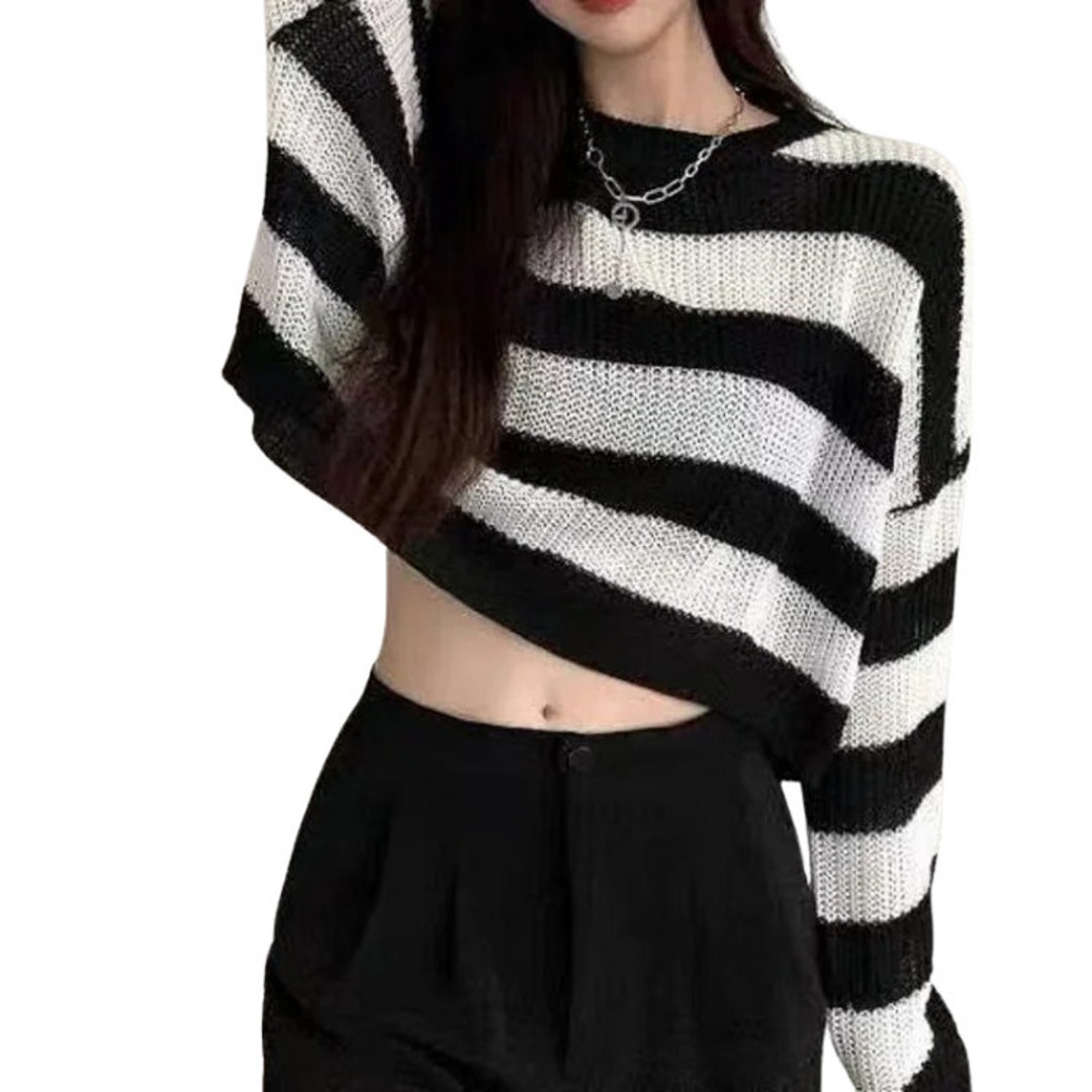 Oversized Striped Cropt Top, Knitted Sweater, Korean Fashion, Striped ...