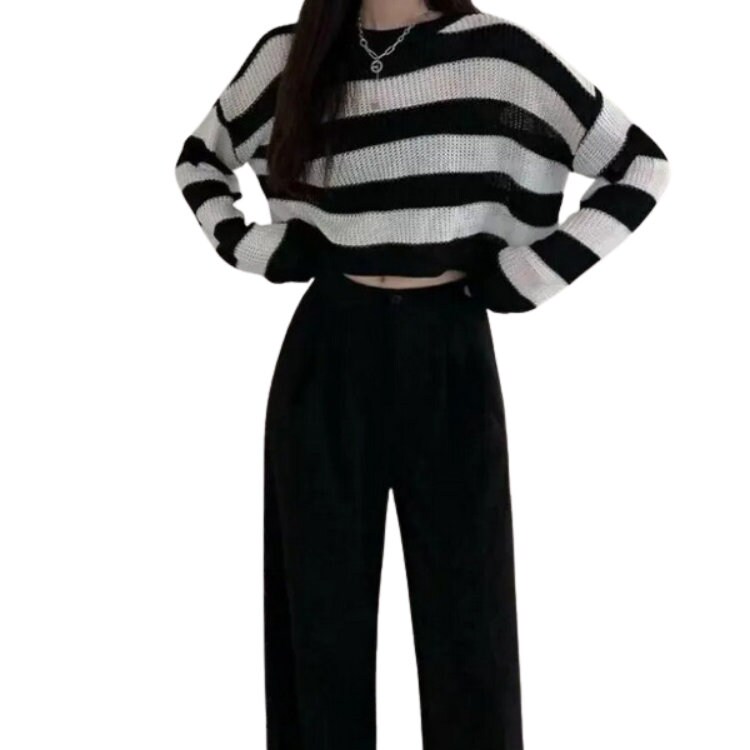 Oversized Striped Cropt Top, Knitted Sweater, Korean Fashion, Striped ...