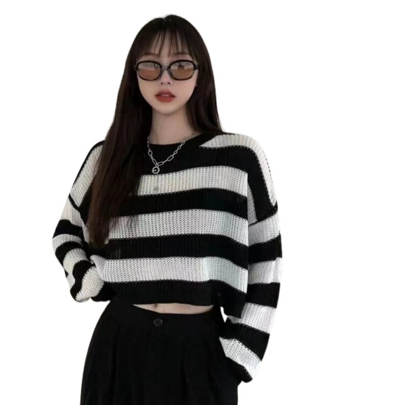 Oversized Striped Cropt Top, Knitted Sweater, Korean Fashion, Striped ...