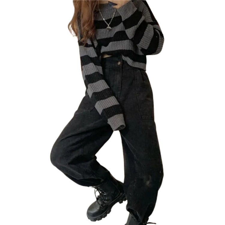 Oversized Striped Cropt Top, Knitted Sweater, Korean Fashion, Striped ...