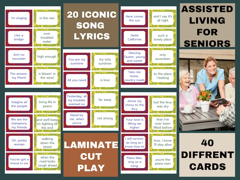 Senior Lyrics Matching Game, for Nursing Homes, Memory Care & Assisted ...