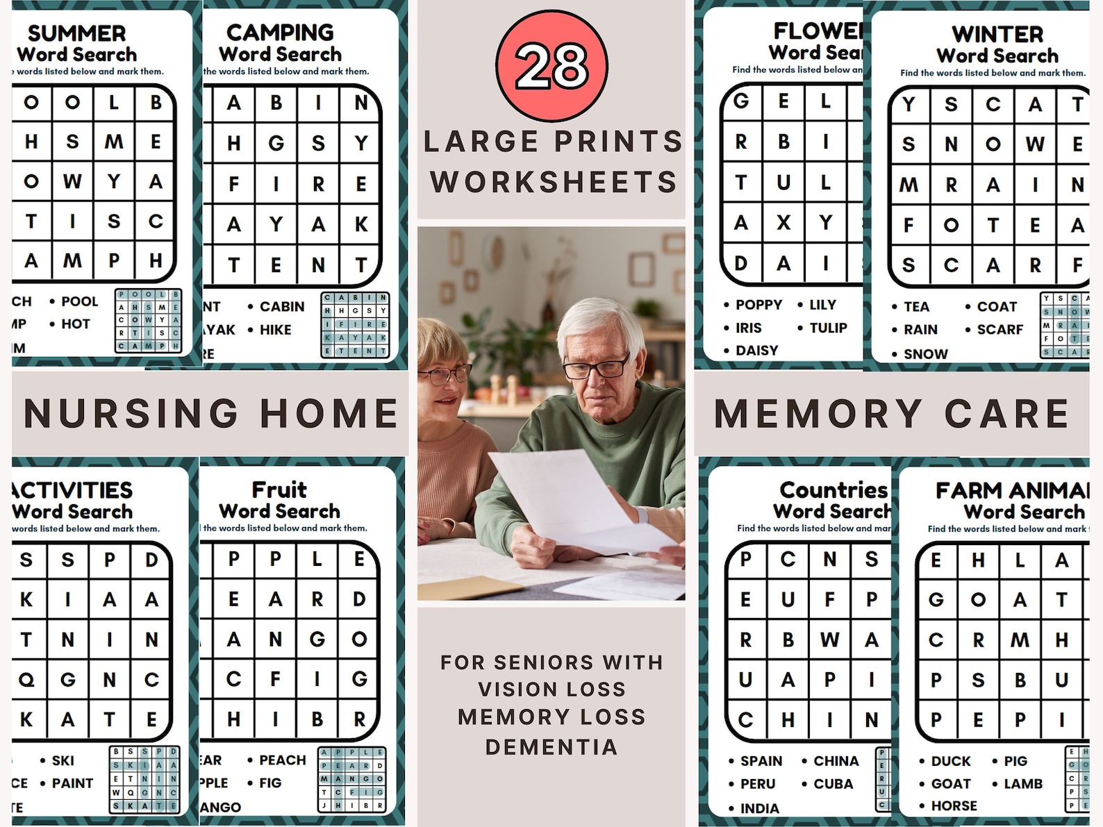28 Word Search Puzzles, Activity for Seniors Large Print, 28 Easy ...