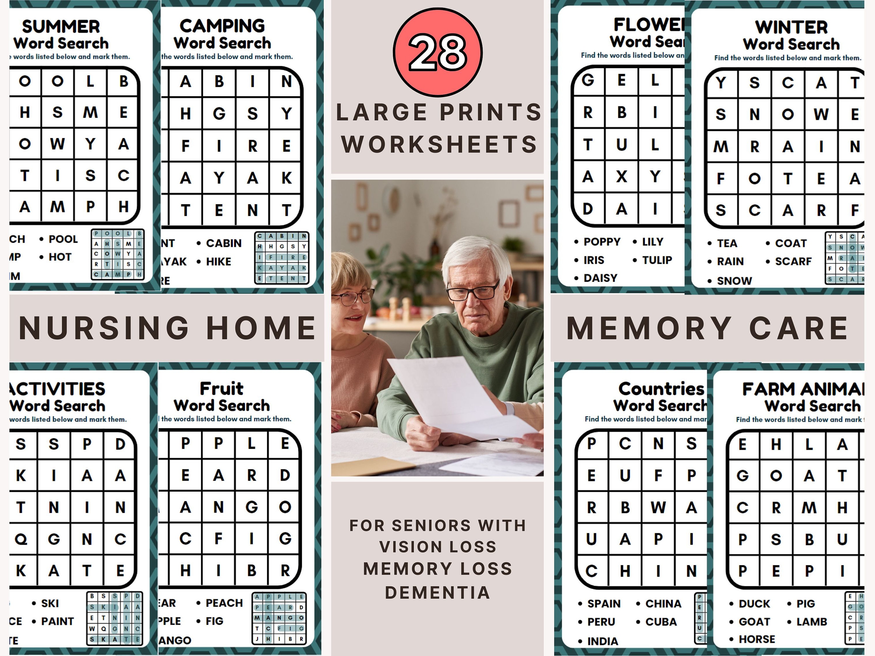 28 Word Search Puzzles, Activity for Seniors Large Print, 28 Easy ...