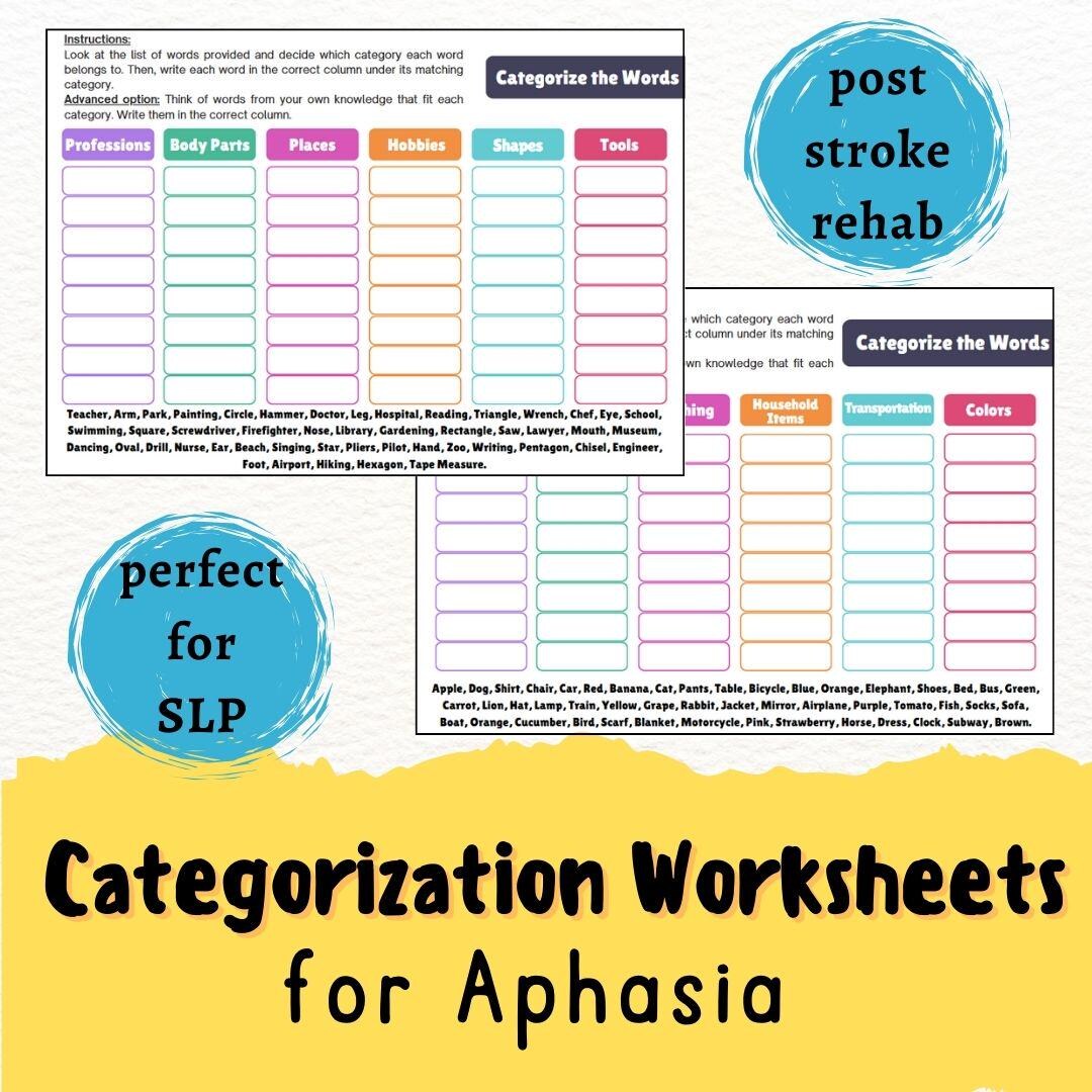 Aphasia Printable, Post- Stroke Rehab, Categorizing Worksheets, Head ...