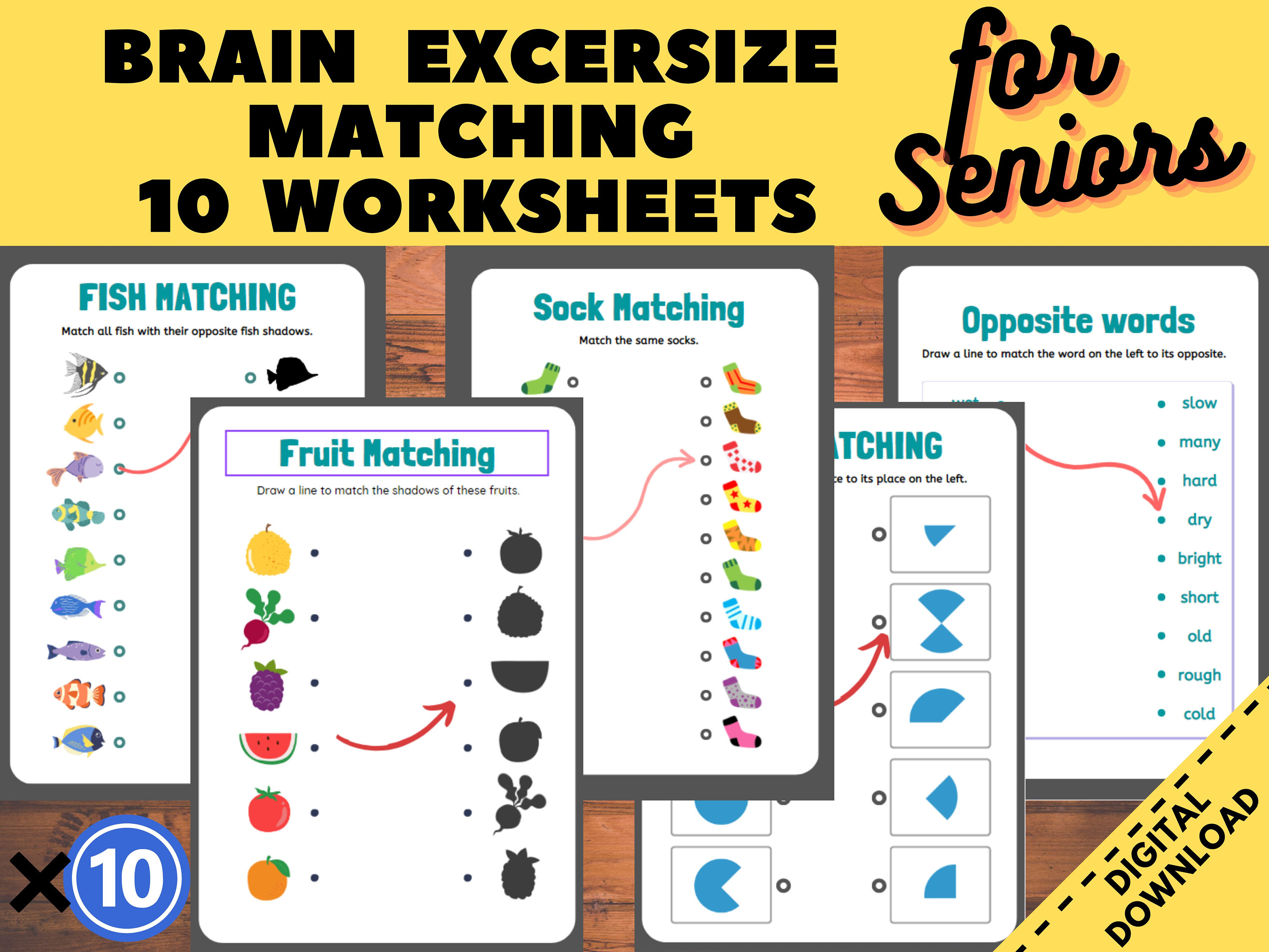 10 Cognitive Worksheets, Matching Puzzles ,activity Seniors, Easy ...
