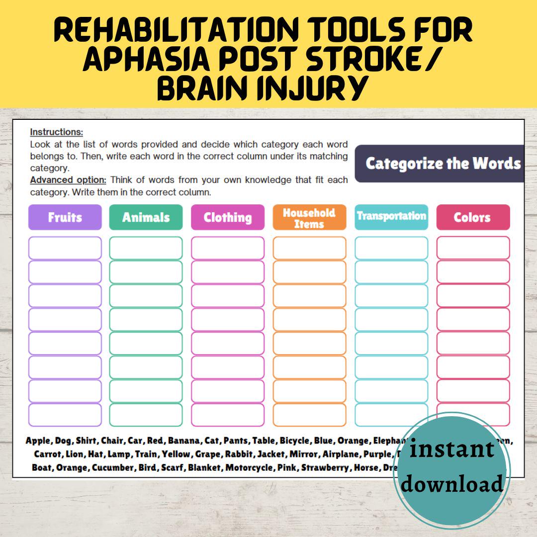 Aphasia Printable, Post- Stroke Rehab, Categorizing Worksheets, Head ...