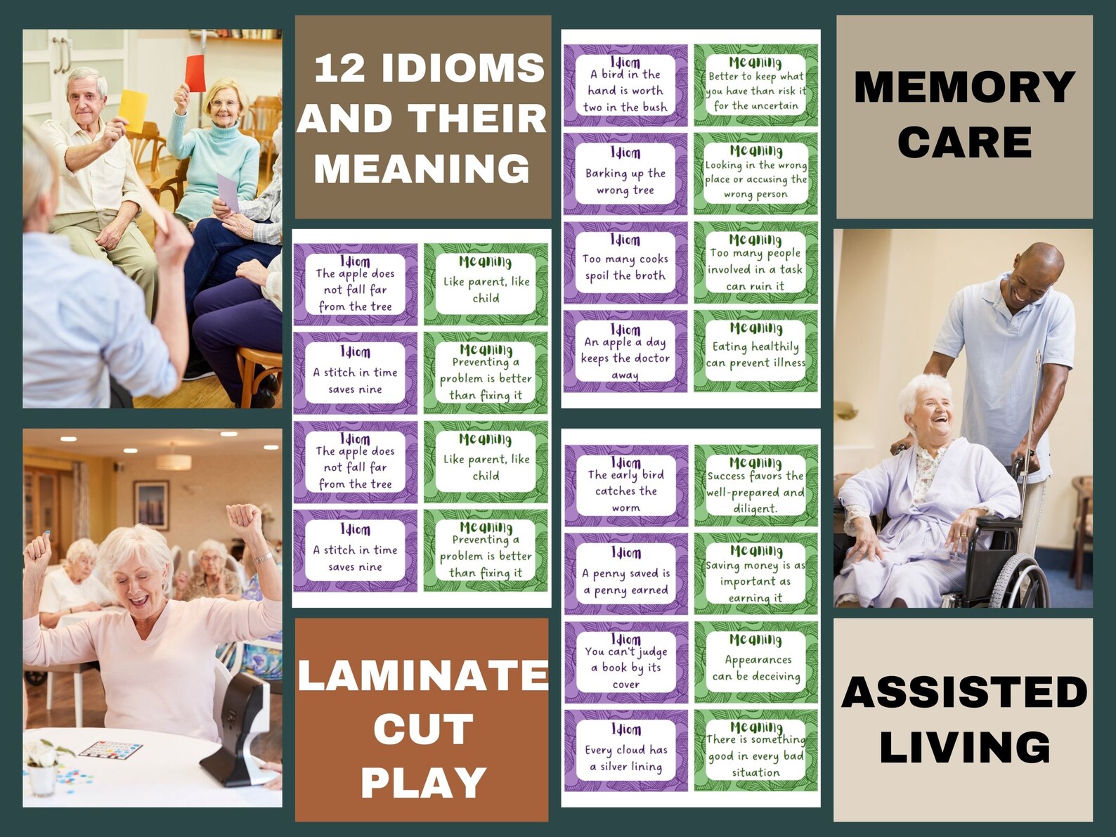 Senior Idioms Matching Game, for Nursing Homes, Memory Care & Assisted ...