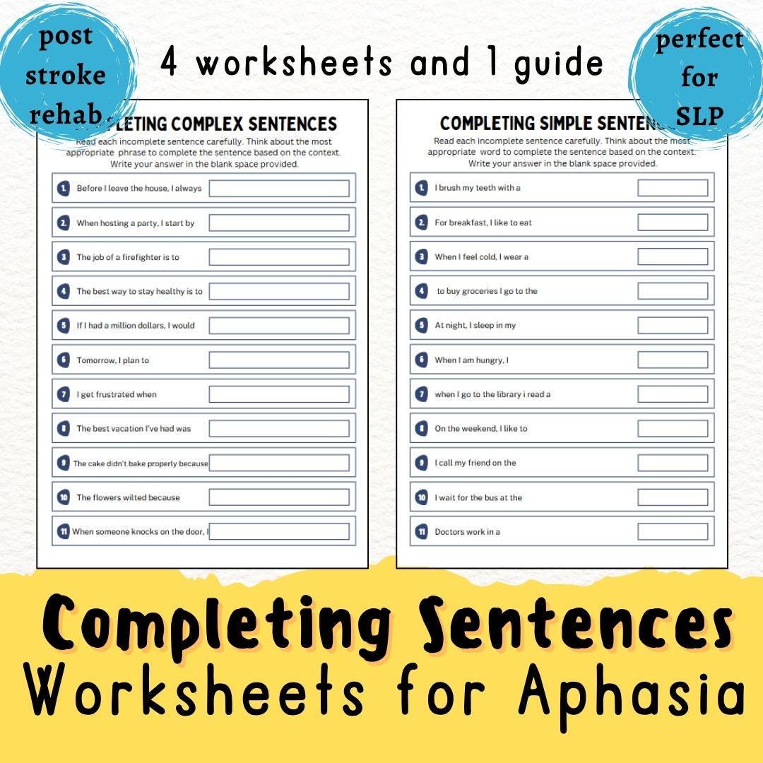 Aphasia Sentence Completion Worksheets, Printable Speach Therapy ...