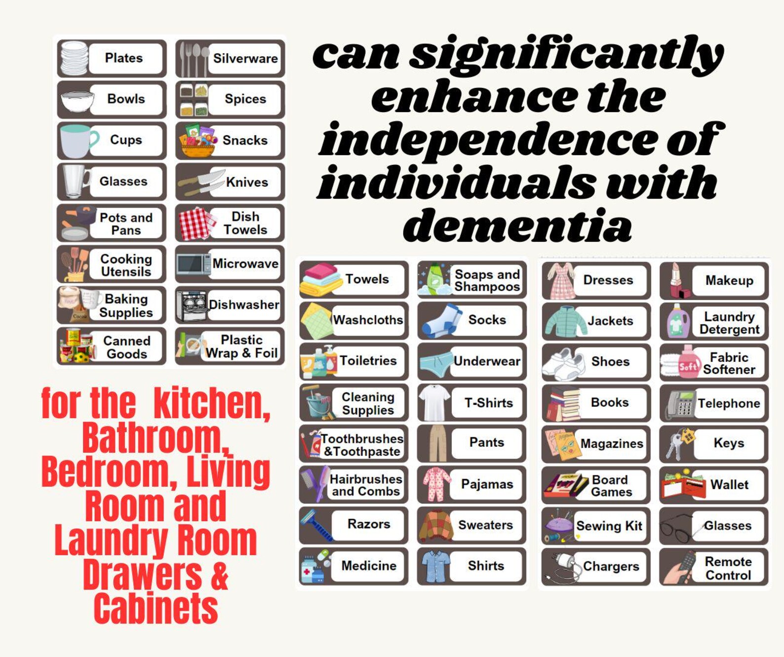 48 Printable Dementia-friendly Closet & Cabinet Labels, Easy-to-read ...
