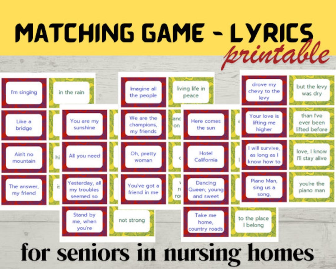 Senior Lyrics Matching Game, for Nursing Homes, Memory Care & Assisted ...