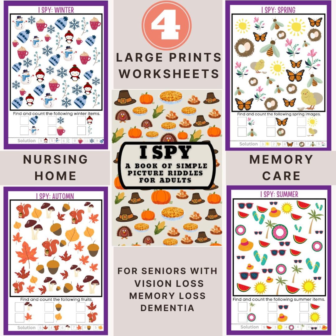 4 I Spy Puzzles for Seniors, Activity for Elderly, Large Print, Easy ...