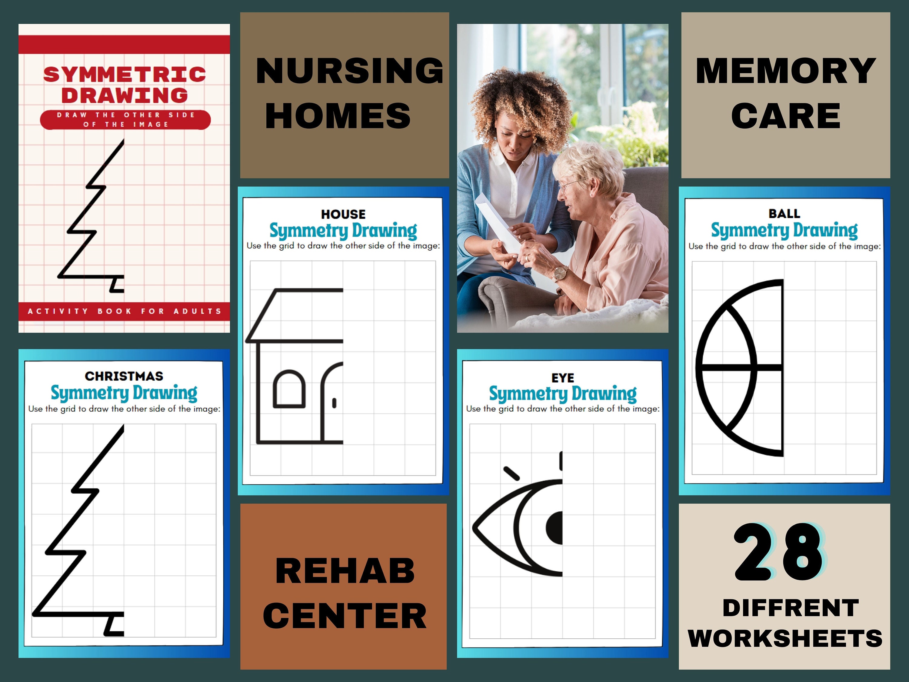 28 Pages Symmetry Drawing, Activity for Seniors Large Print, 28 Easy ...