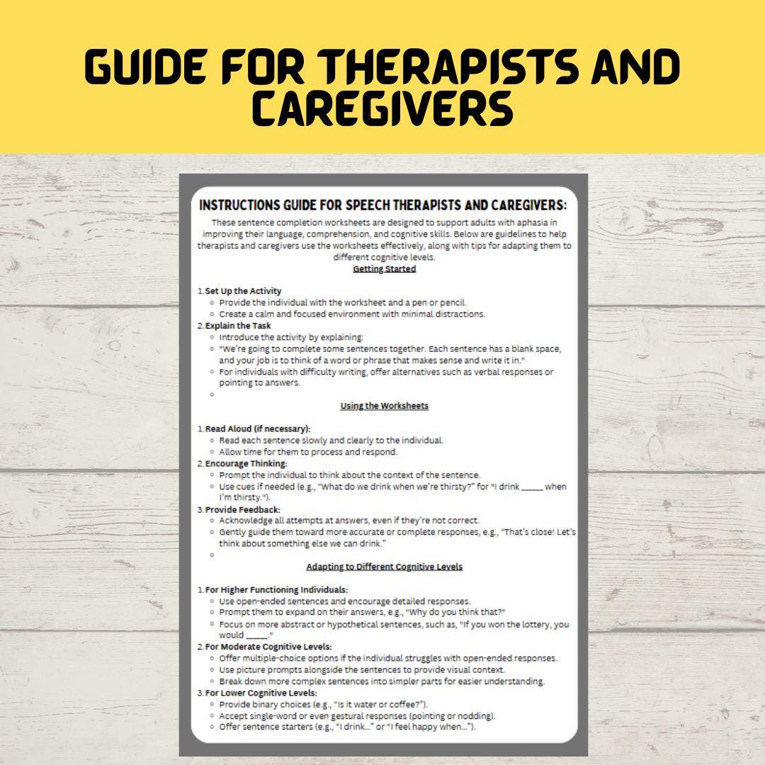 Aphasia Sentence Completion Worksheets, Printable Speach Therapy ...