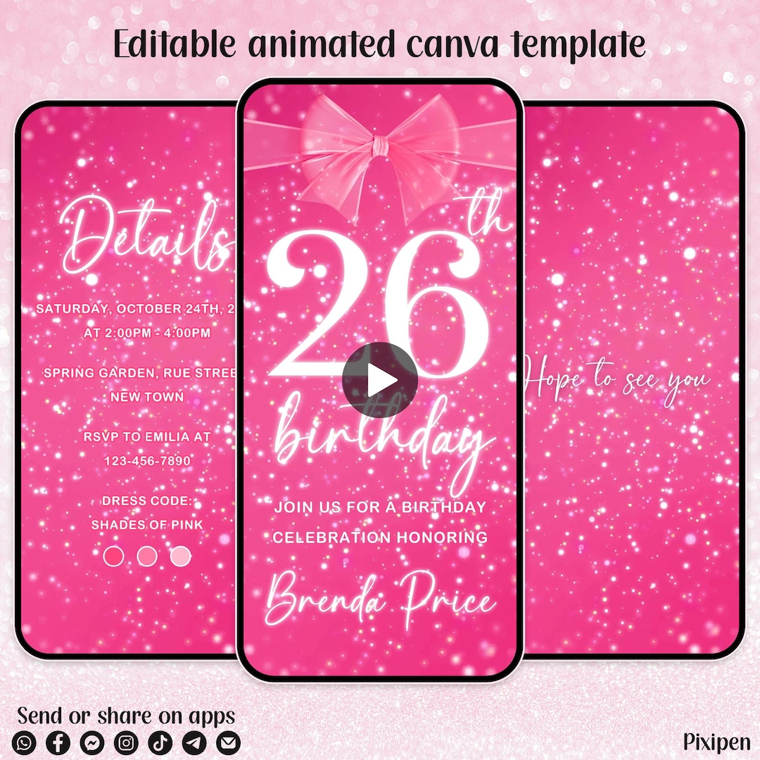 26th Birthday Invitation Sparkling Pink Bow 26th Digital Birthday ...