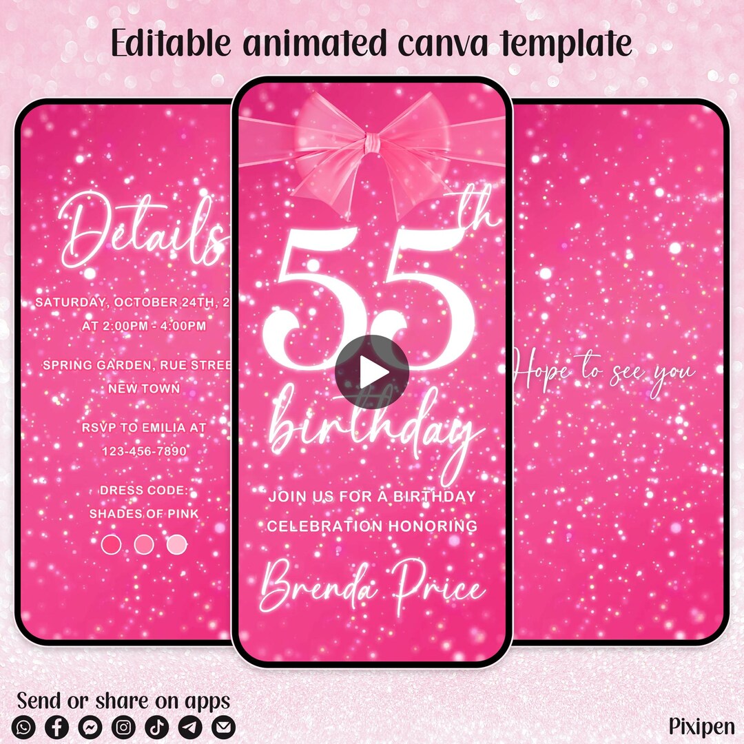 55th Birthday Invitation Sparkling Pink Bow 55th Digital Birthday ...