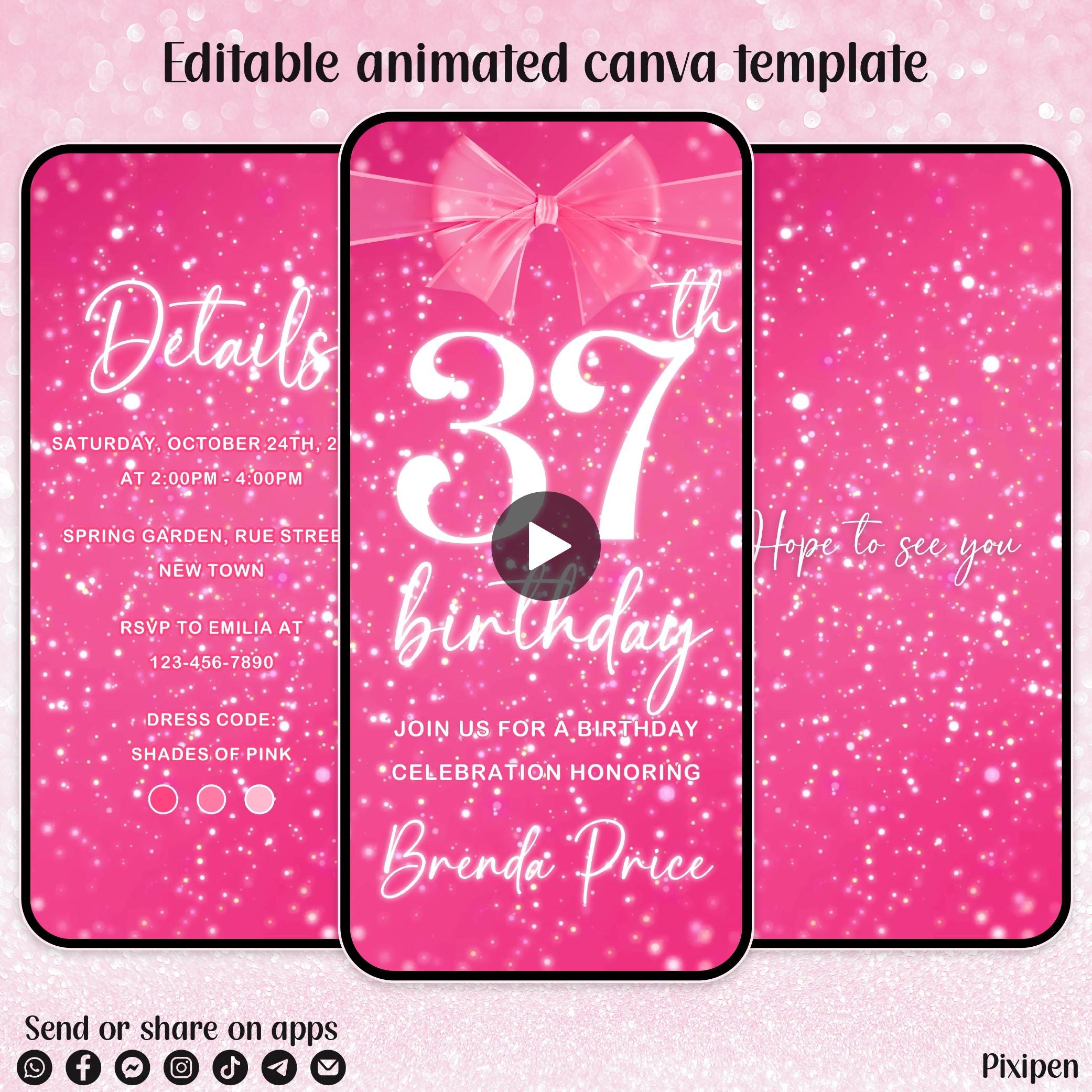 37th Birthday Invitation Sparkling Pink Bow 37th Digital Birthday ...