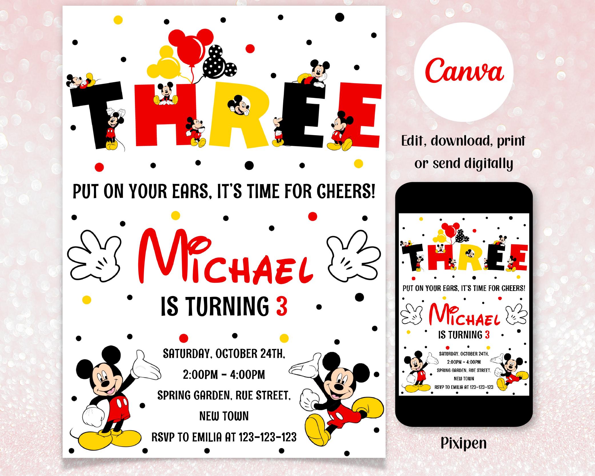 Mickey Mouse 3rd Birthday Invitation Editable Mickey Mouse Birthday ...