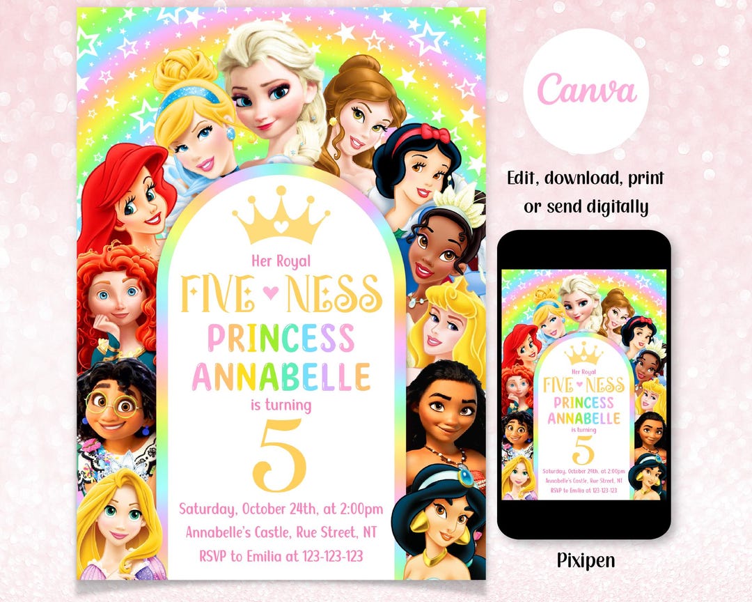 Fiveness Birthday Invitation Editable Princess 5th Birthday Invitation ...