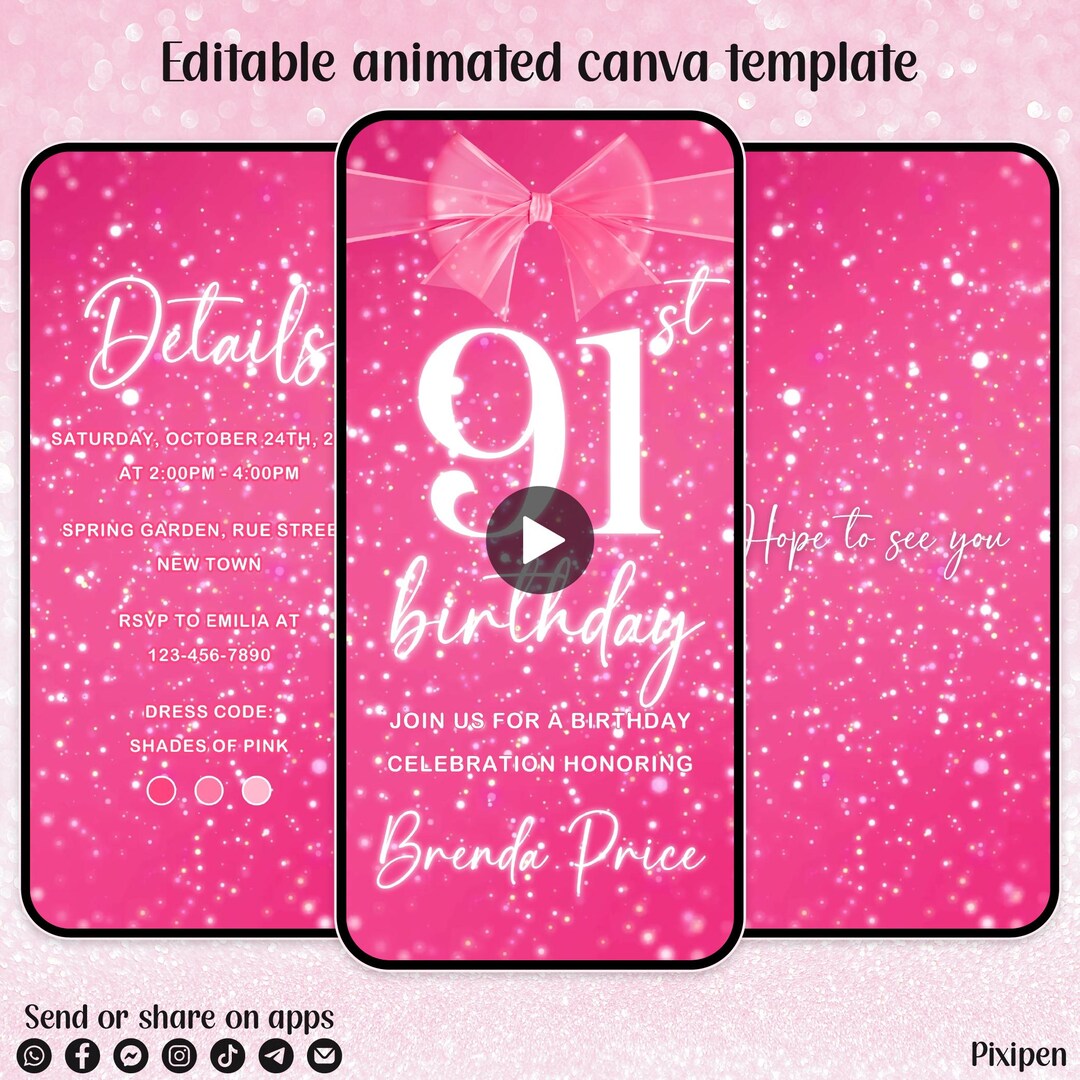 91st Birthday Invitation Sparkling Pink Bow 91st Digital Birthday ...