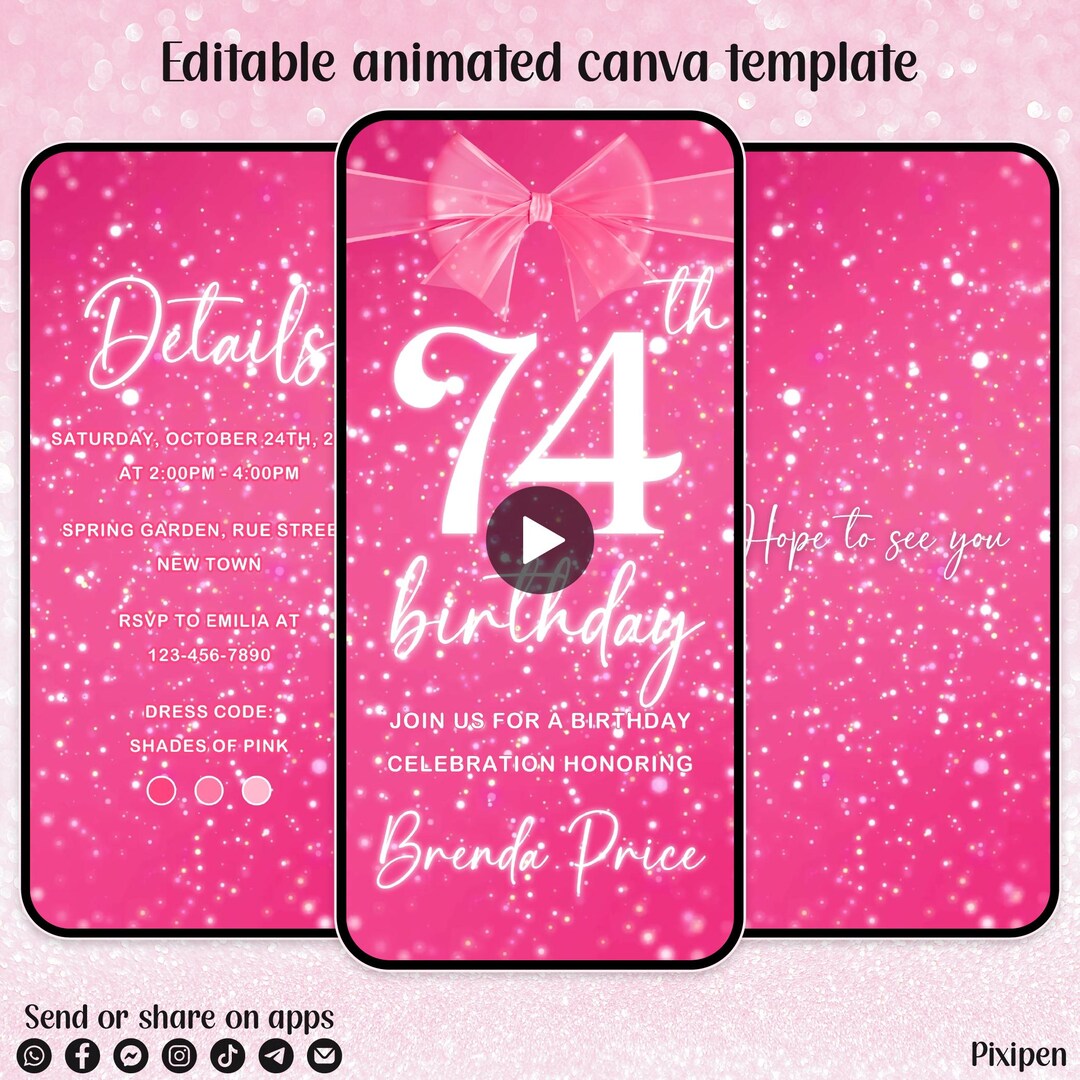 74th Birthday Invitation Sparkling Pink Bow 74th Digital Birthday ...