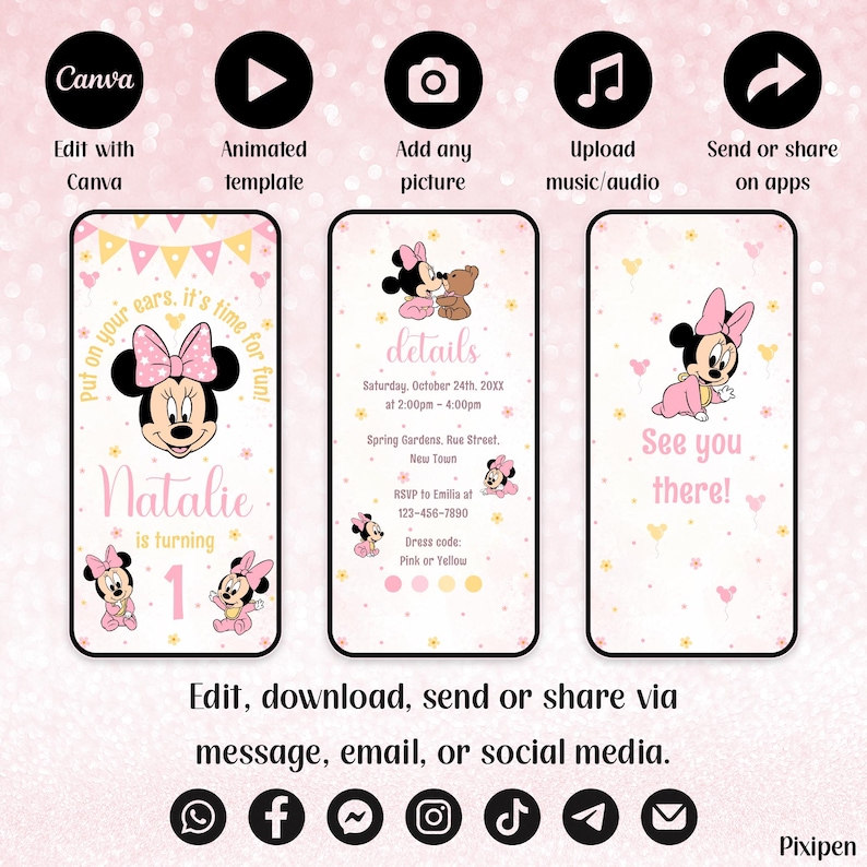 Minnie Mouse Birthday Invitation Pink Minnie Mouse Digital Invitation ...