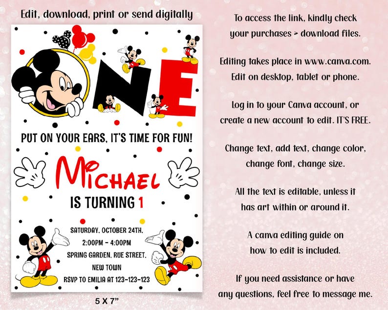 Mickey Mouse 1st Birthday Invitation for Toddler Editable Mickey Mouse ...