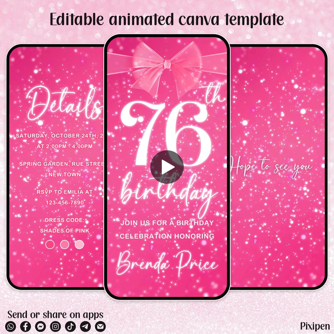 76th Birthday Invitation Sparkling Pink Bow 76th Digital Birthday ...
