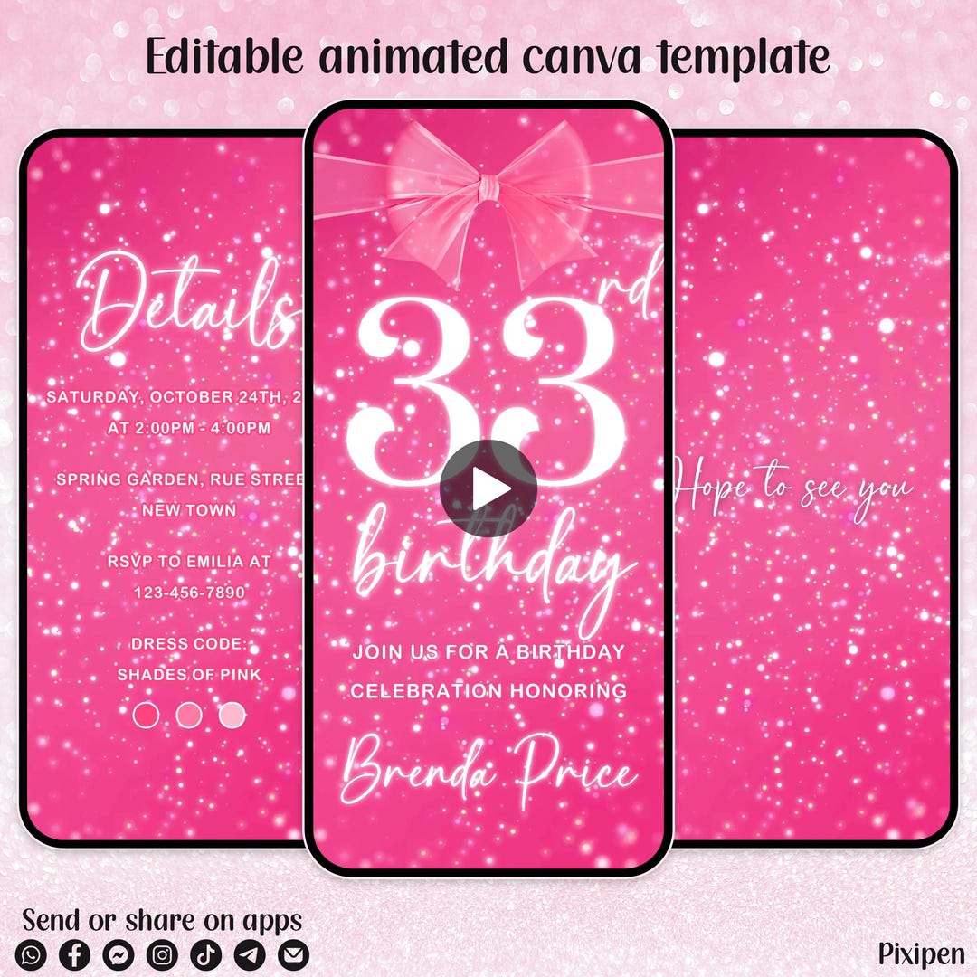 33rd Birthday Invitation Sparkling Pink Bow 33rd Digital Birthday ...