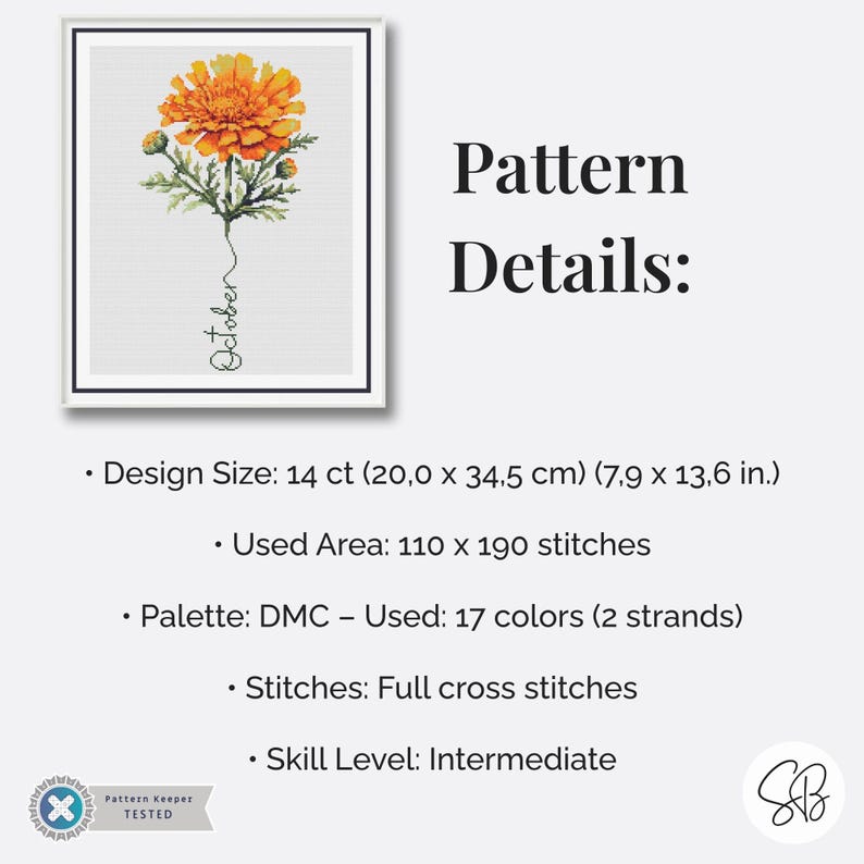 October Birth Month Flower Cross Stitch Pattern, Marigold Embroidery ...