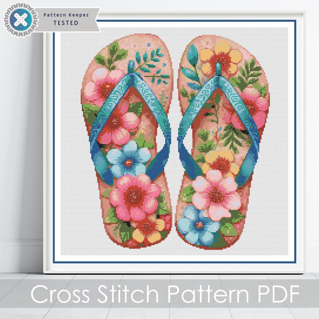 Floral Flip Flops Cross Stitch Pattern, Beach Sandals Shoes Cross Stitch Pattern, Minimal Ocean ...