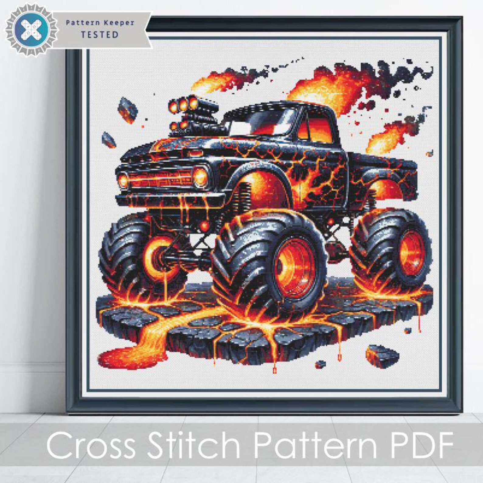 Volcano Monster Truck Cross Stitch Pattern, Black Monster Truck With ...