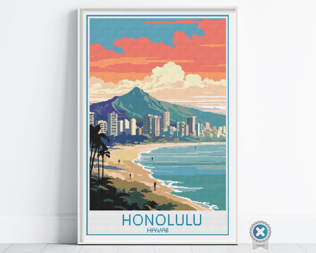 Honolulu Travel Poster Cross Stitch Pattern, Retro Vintage Hawaii Beach ...